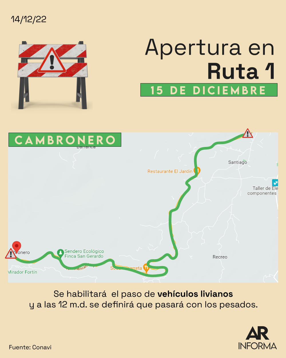 Vehículos livianos podrán transitar por Cambronero a partir de este jueves